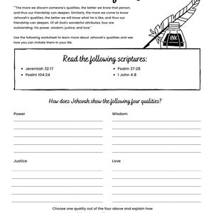 JW Homeschooling Worksheet- Jehovah's Wonderful Qualities - Etsy