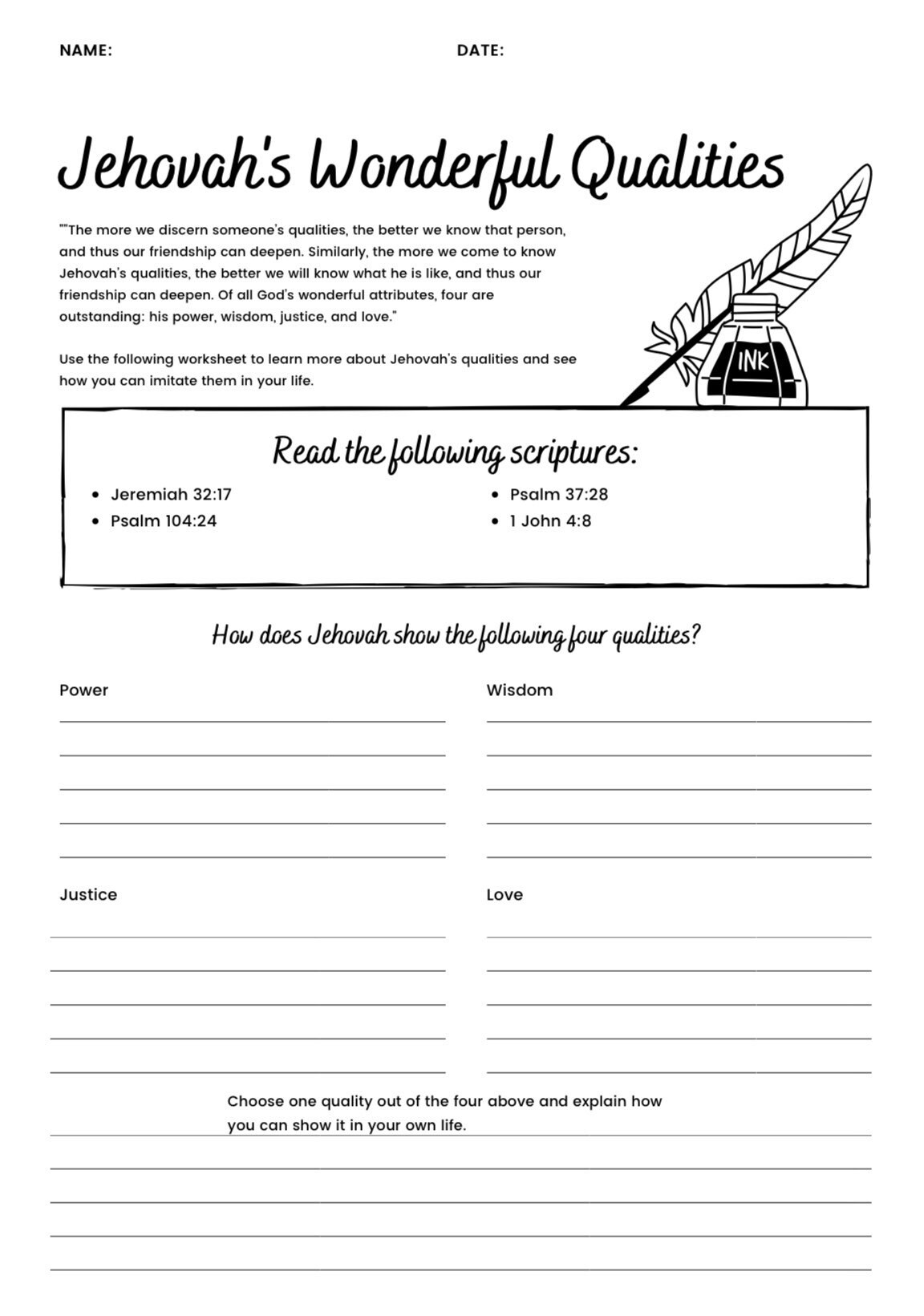 JW Homeschooling Worksheet- Jehovah's Wonderful Qualities - Etsy