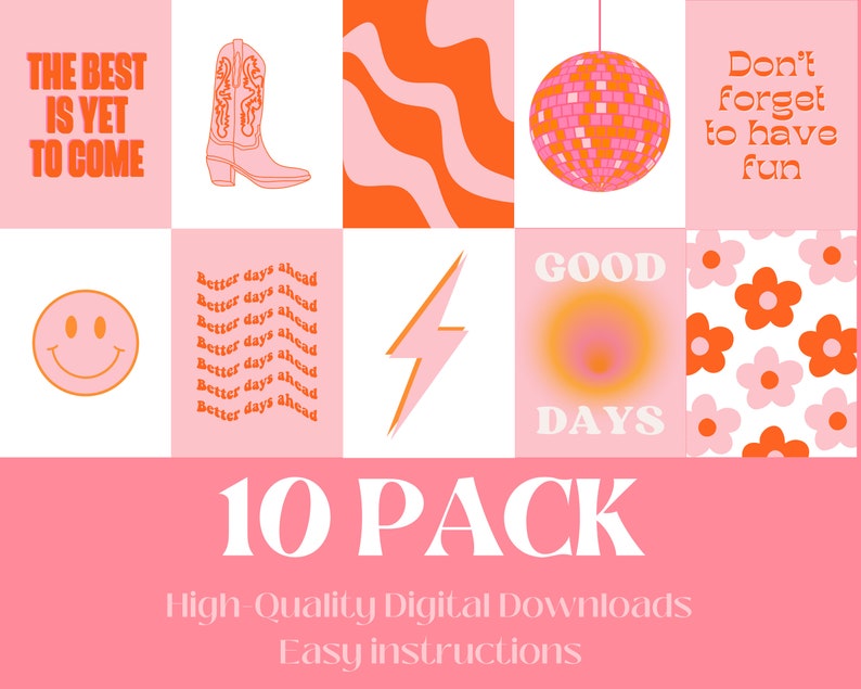 Pink and Orange Prints Wall Collage, Wall Collage Kit Pink, Ready to ...