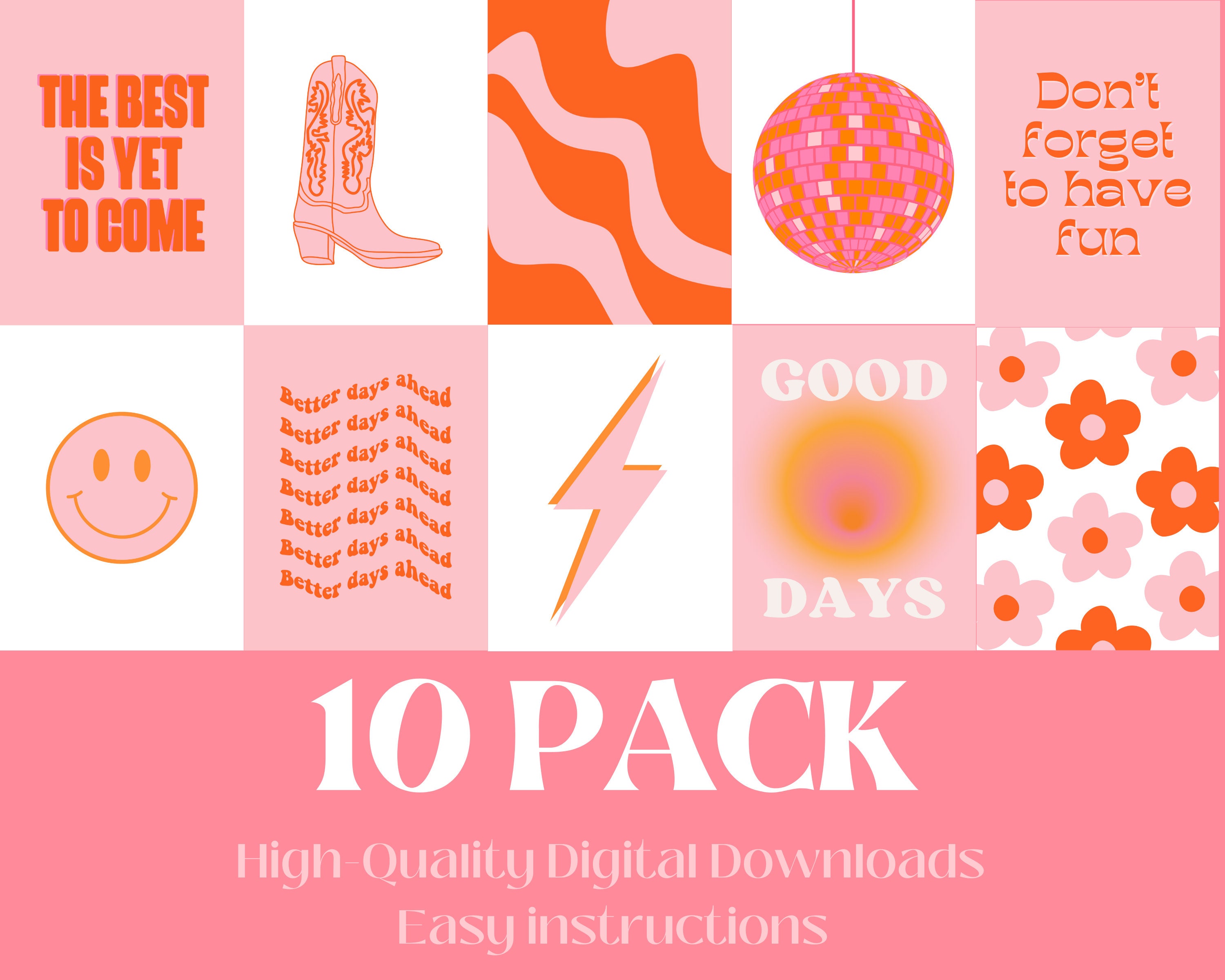 Pink and Orange Prints Wall Collage, Wall Collage Kit Pink, Ready to ...