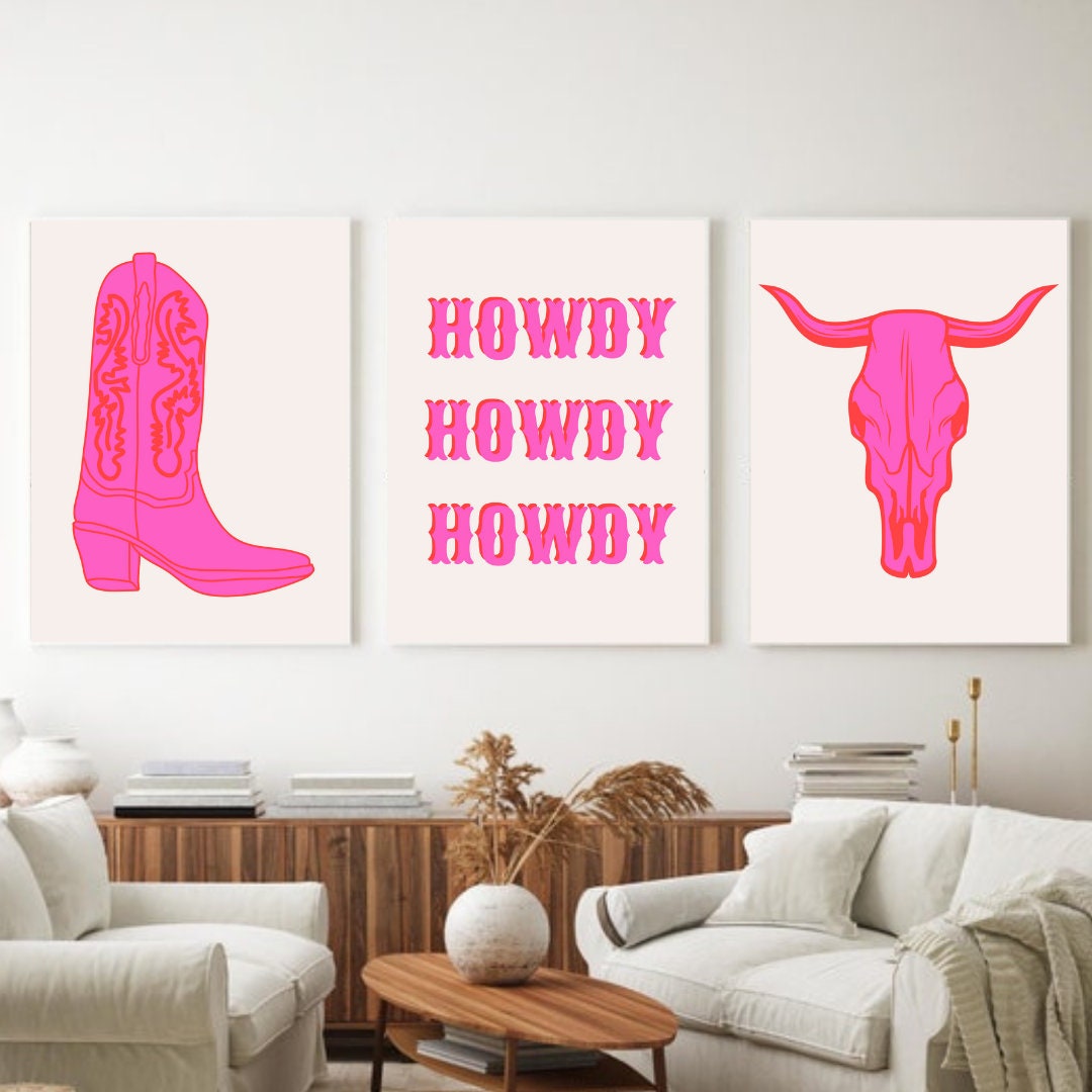 Trendy Howdy Prints Set of 3, Pink Wall Collage, Printable Art, Pink ...