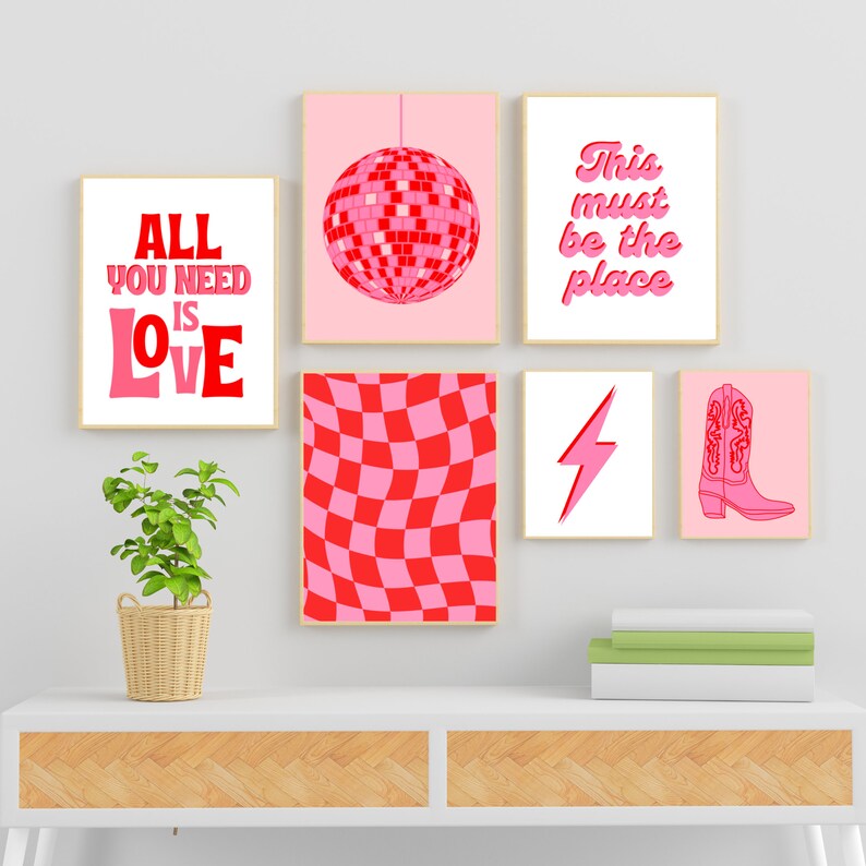 Pink and Red Wall Collage Kit of 6, Trendy Wall Art Room Decor, Dorm ...