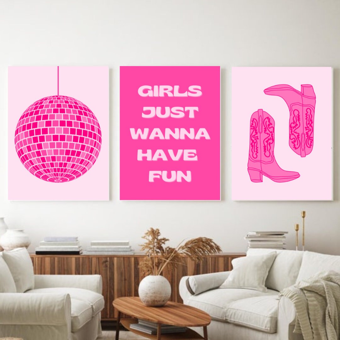 Set of 3 Pink Wall Art, Disco Poster, Dolly Wall Art, Pink Wall Collage ...