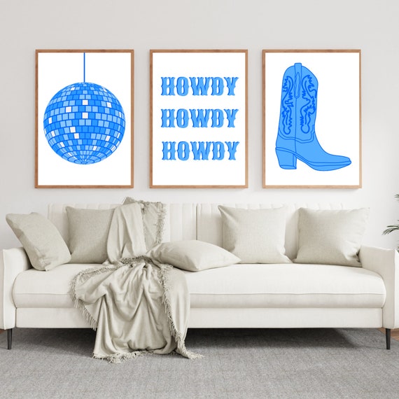 Blue Wall Art Set of 3 Western Decorations Howdy Print - Etsy