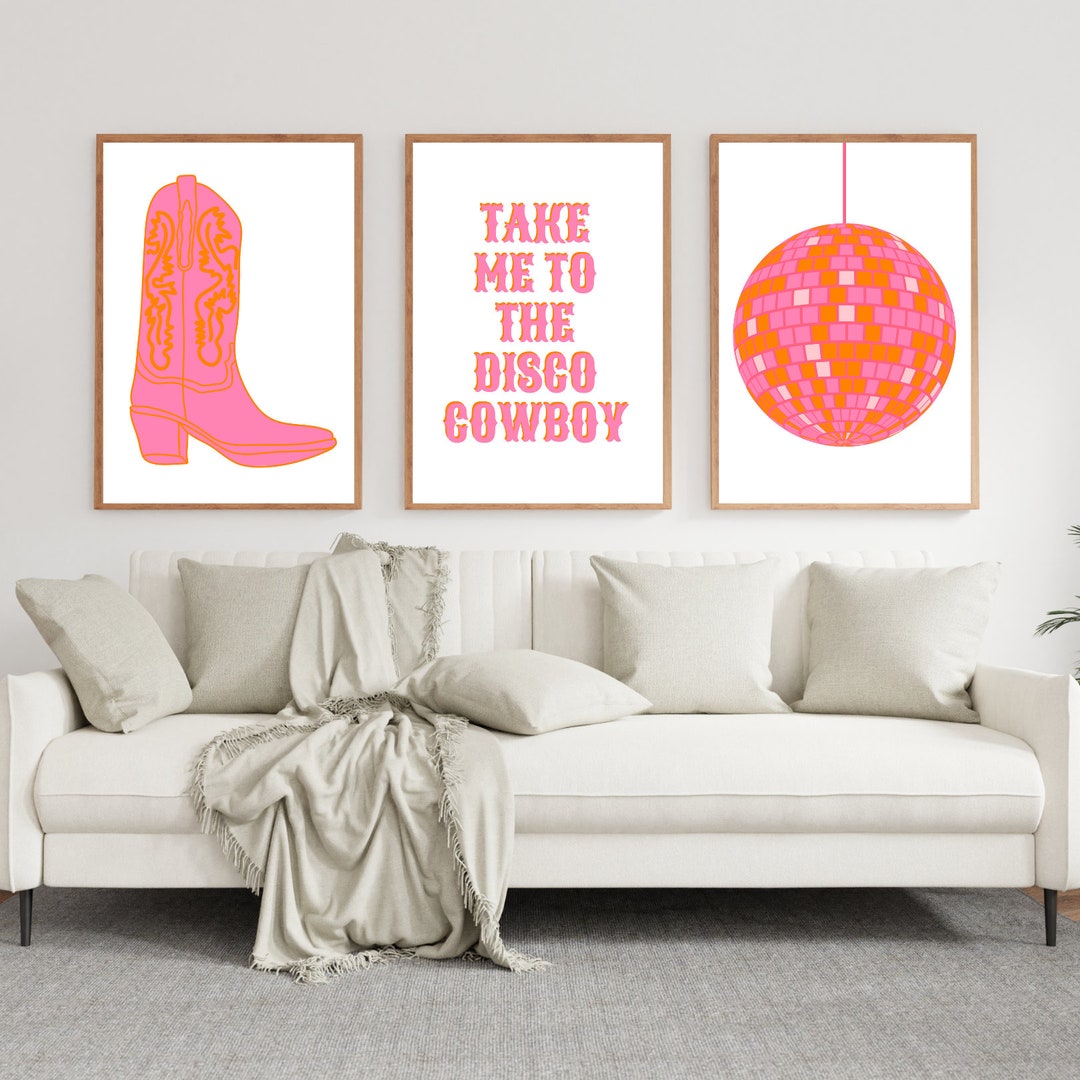 Take Me to the Disco Cowboy Pink and Orange Wall Art Disco - Etsy
