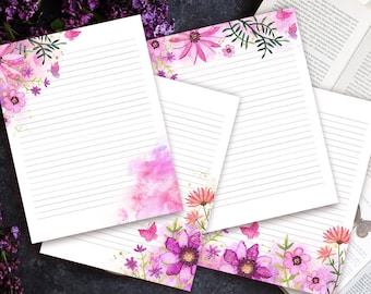 Purple Flowers Printable Writing Paper, A4 / 8.5x11, Floral Watercolour ...