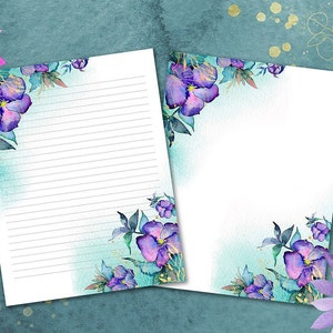 Purple Flowers Printable Writing Paper, A4 / 8.5x11, Floral Watercolour ...