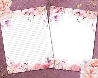 Purple Flowers Printable Writing Paper, A4 / 8.5x11, Floral Watercolour ...