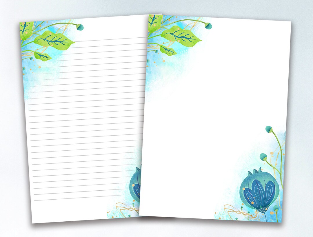 Blue Summer Flowers Writing Paper, A4 / 8.5x11, Cute Floral Watercolour ...