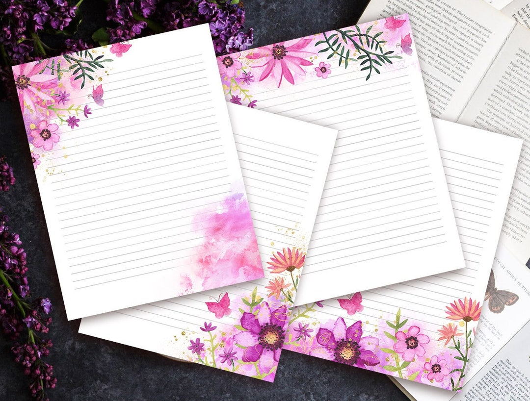 Purple and Pink Flowers 4 Designs Writing Paper, A4 / 8.5x11, Floral ...