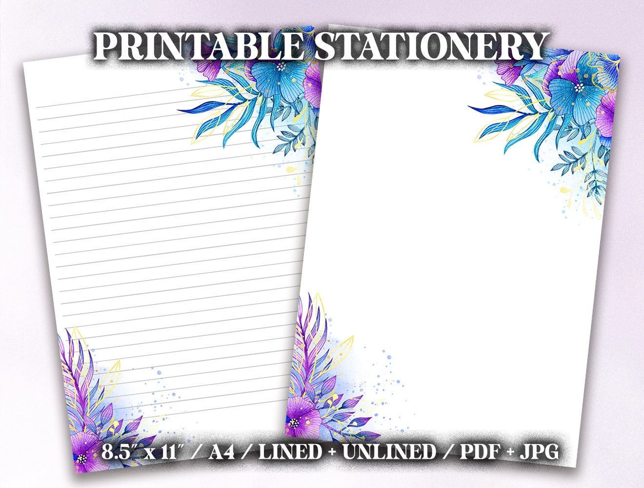 Purple Blue Summer Flowers Writing Paper A4 / 8.5x11 Cute - Etsy