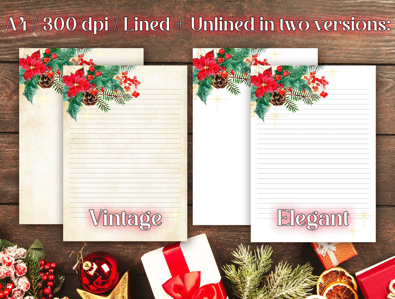 Christmas Printable Writing Paper No 001 / A4 / 8.5x11, Xmas Holly ...