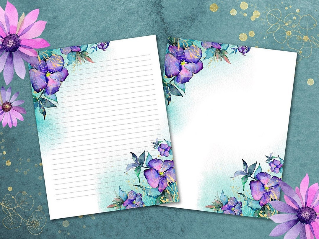 Purple Flowers Printable Writing Paper, A4 / 8.5x11, Floral Watercolour ...