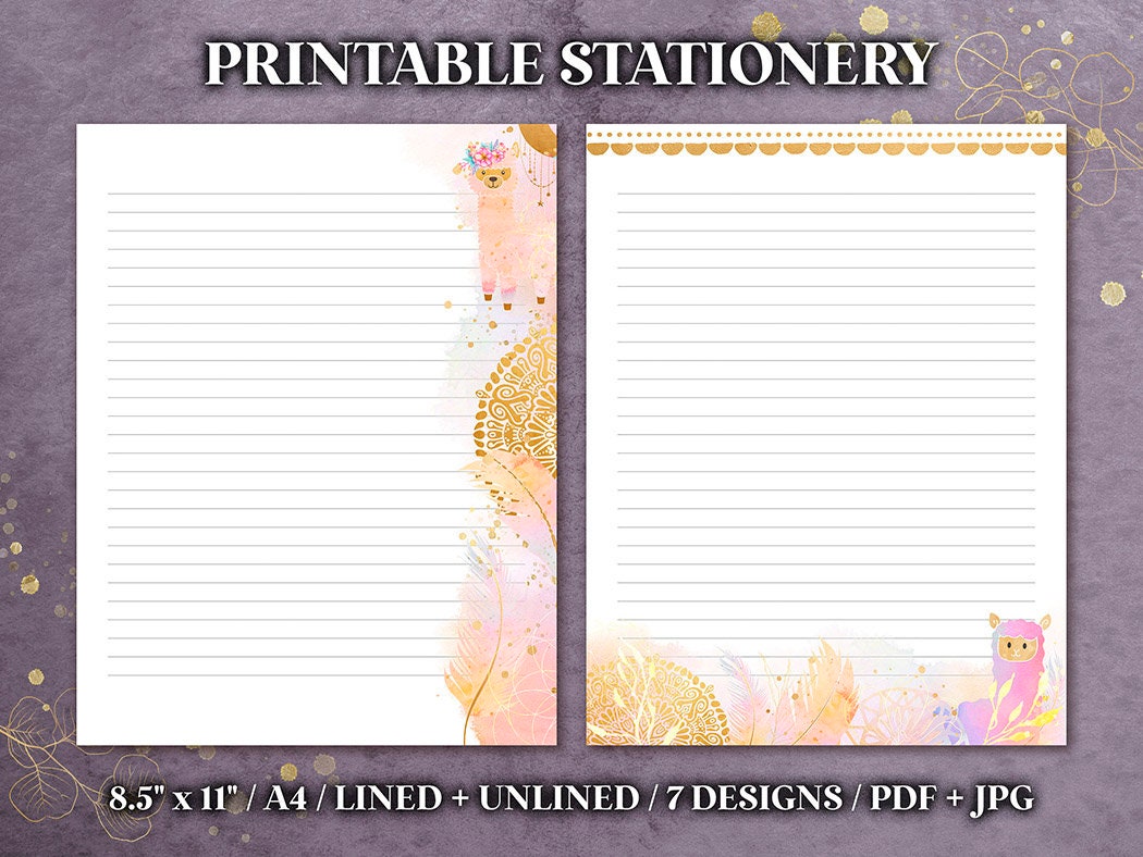 Pastel Llama 7 Designs Printable Stationery Paper Set, A4 / 8.5x11 ...