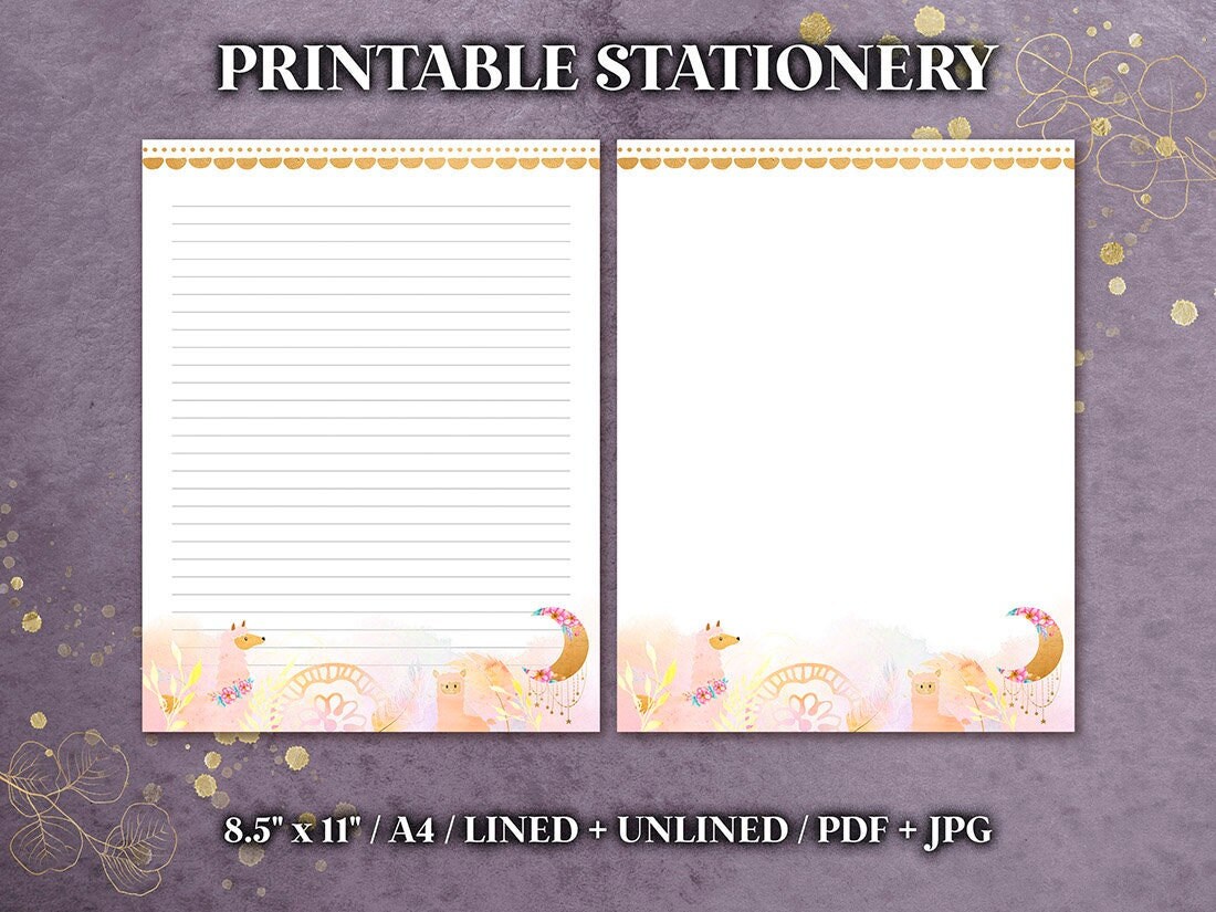 Pastel Llama 6 Printable Stationery Paper Set, A4 / 8.5x11, Pastel Boho ...