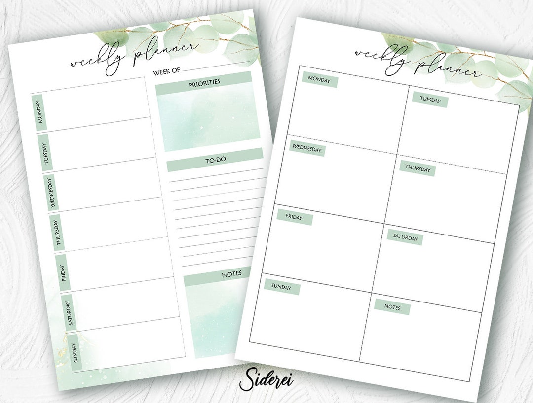 WEEKLY PLANNER A4 Eucalyptus Green With Gold. Downloadable Printable ...