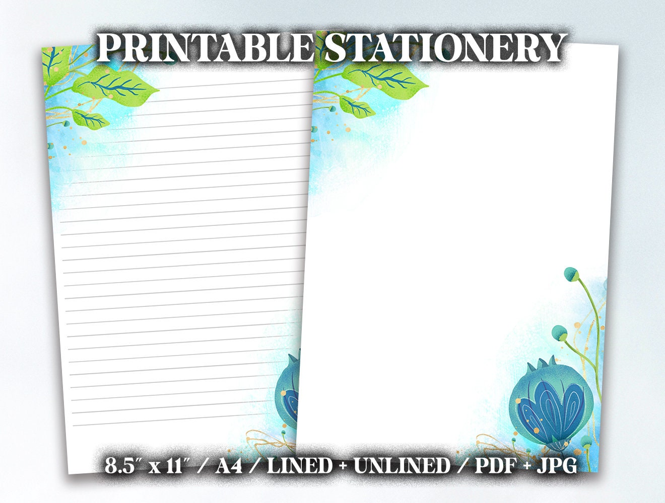 Blue Summer Flowers Writing Paper, A4 / 8.5x11, Cute Floral Watercolour ...