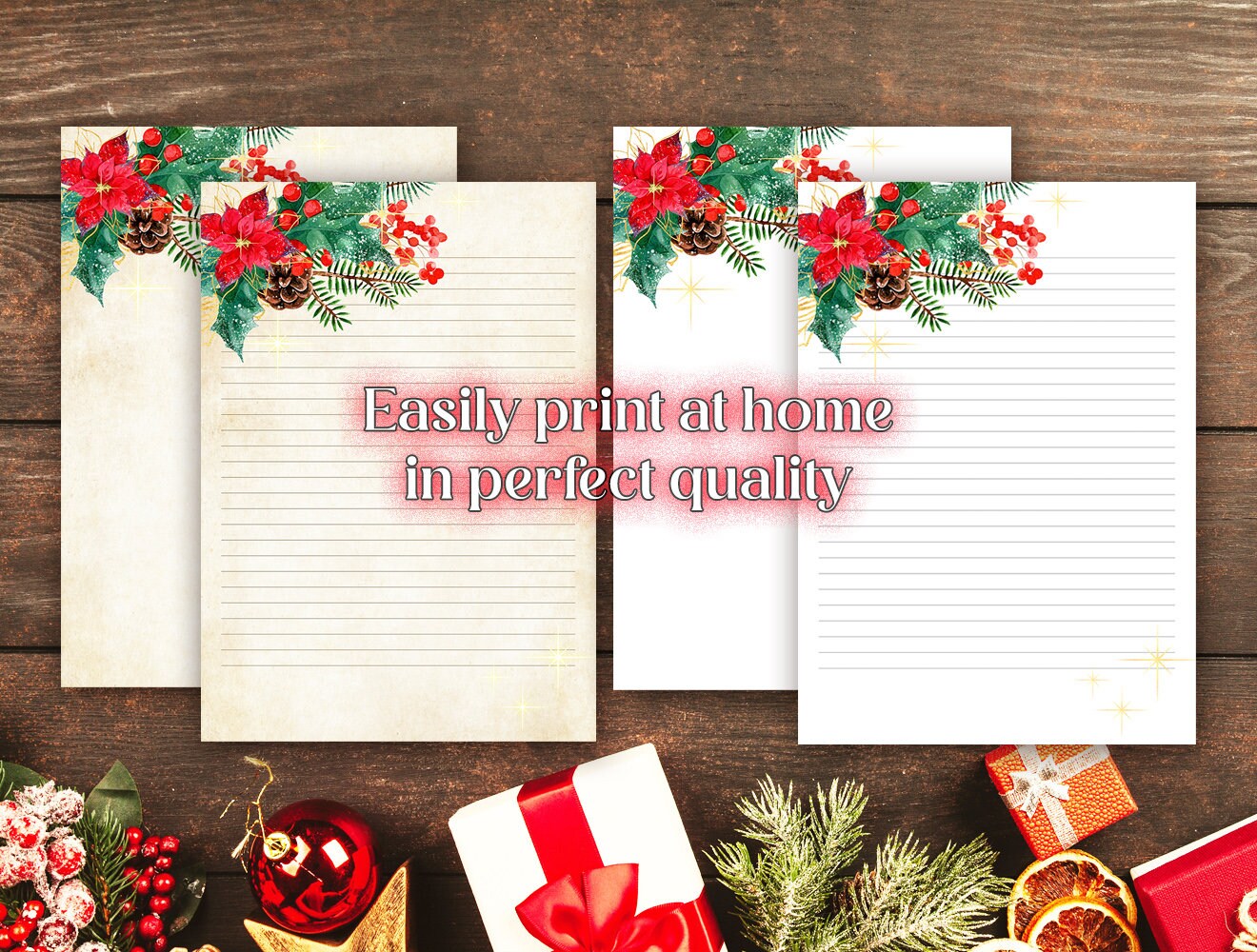 Christmas Printable Writing Paper No 001 / A4 / 8.5x11, Xmas Holly ...