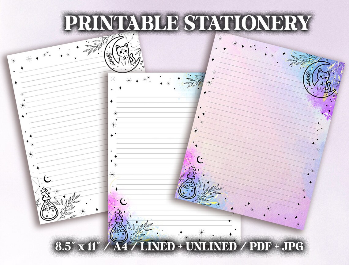 Witchy Colourful Printable Writing Paper / A4 / 8.5x11, Goth Magic Cat ...