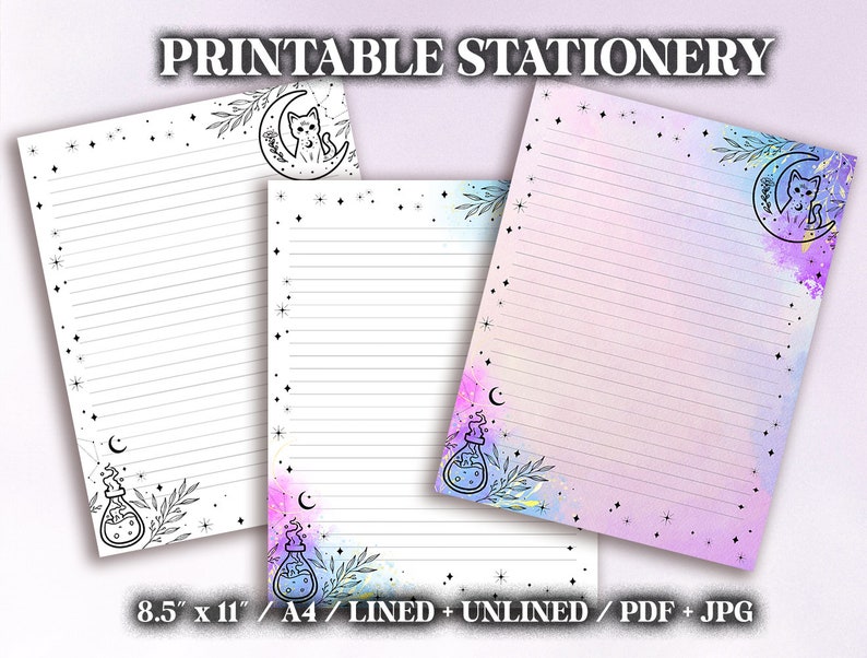 Witchy Colourful Printable Writing Paper / A4 / 8.5x11, Goth Magic Cat ...