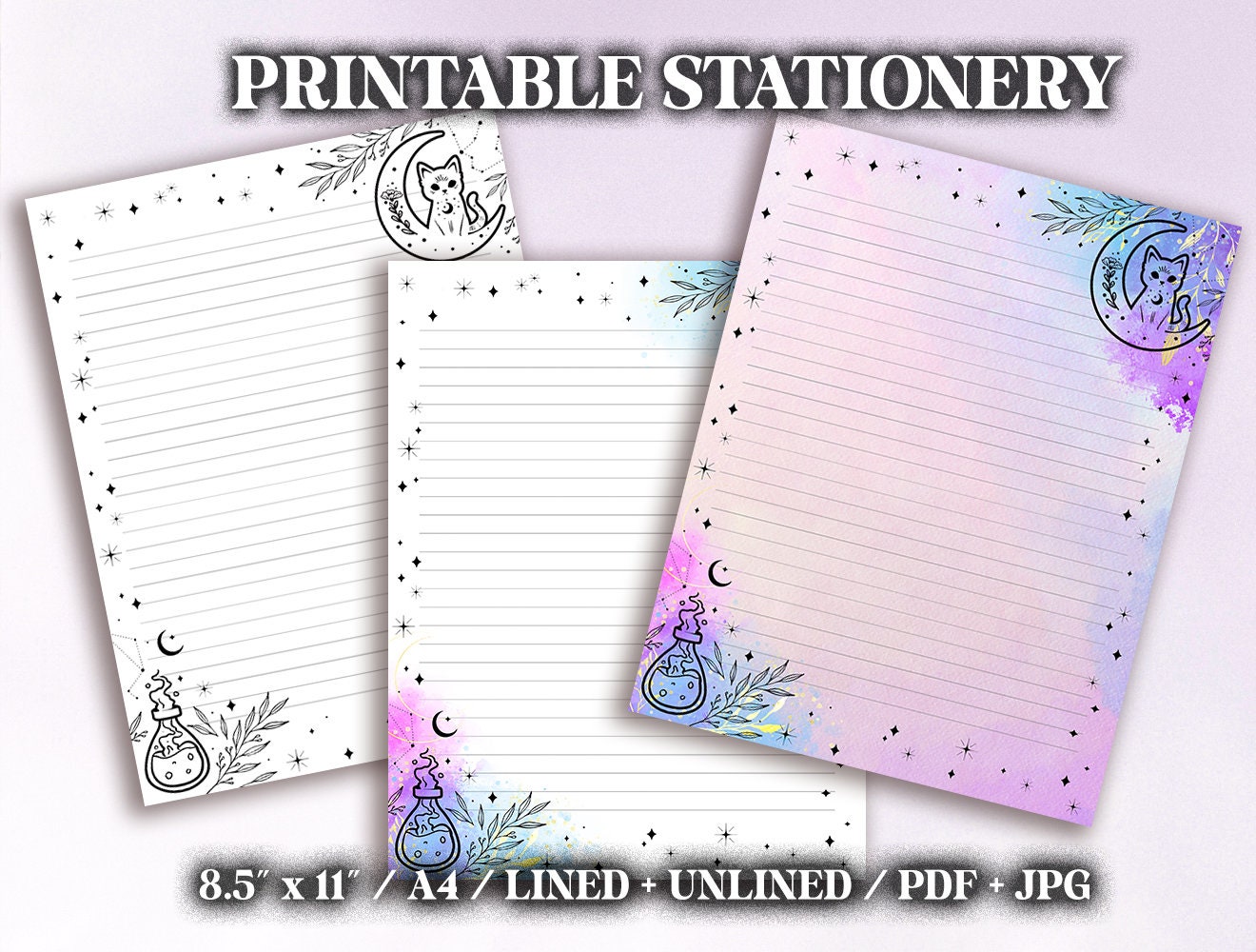 Witchy Colourful Printable Writing Paper / A4 / 8.5x11, Goth Magic Cat ...