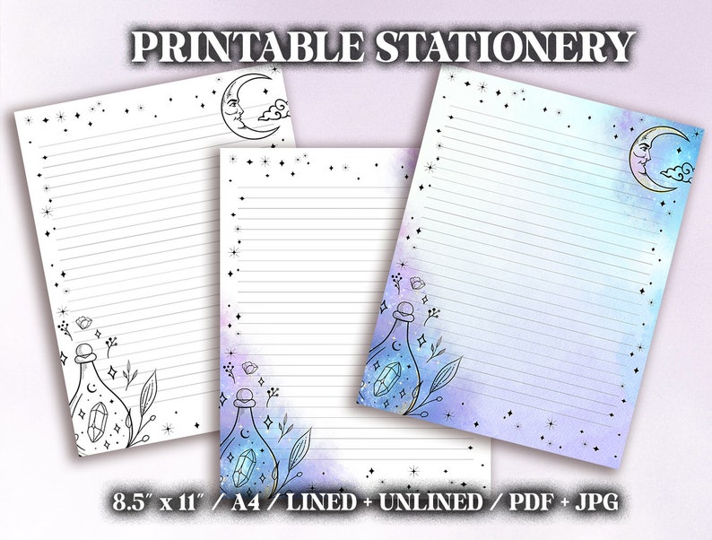 Witchy Colourful Printable Writing Paper / A4 / 8.5x11, Goth Moon ...