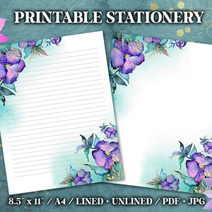 Purple Flowers Printable Writing Paper, A4 / 8.5x11, Floral Watercolour ...