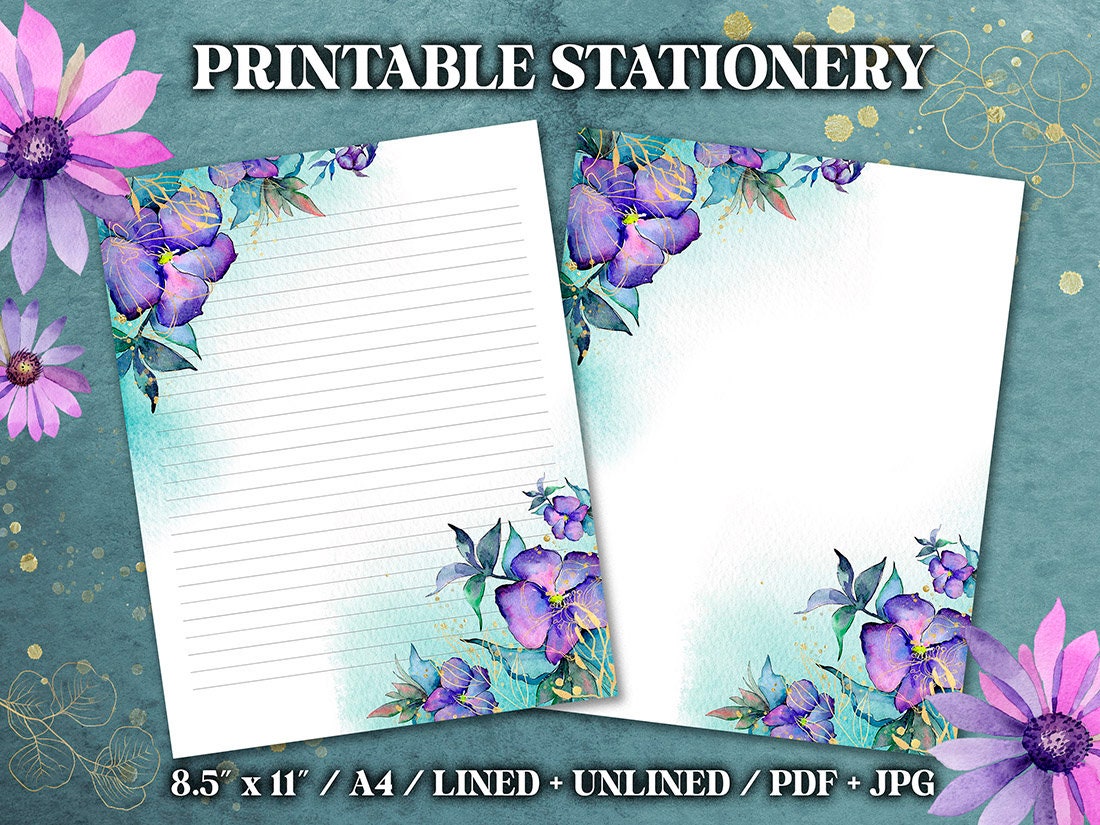 Purple Flowers Printable Writing Paper, A4 / 8.5x11, Floral Watercolour ...