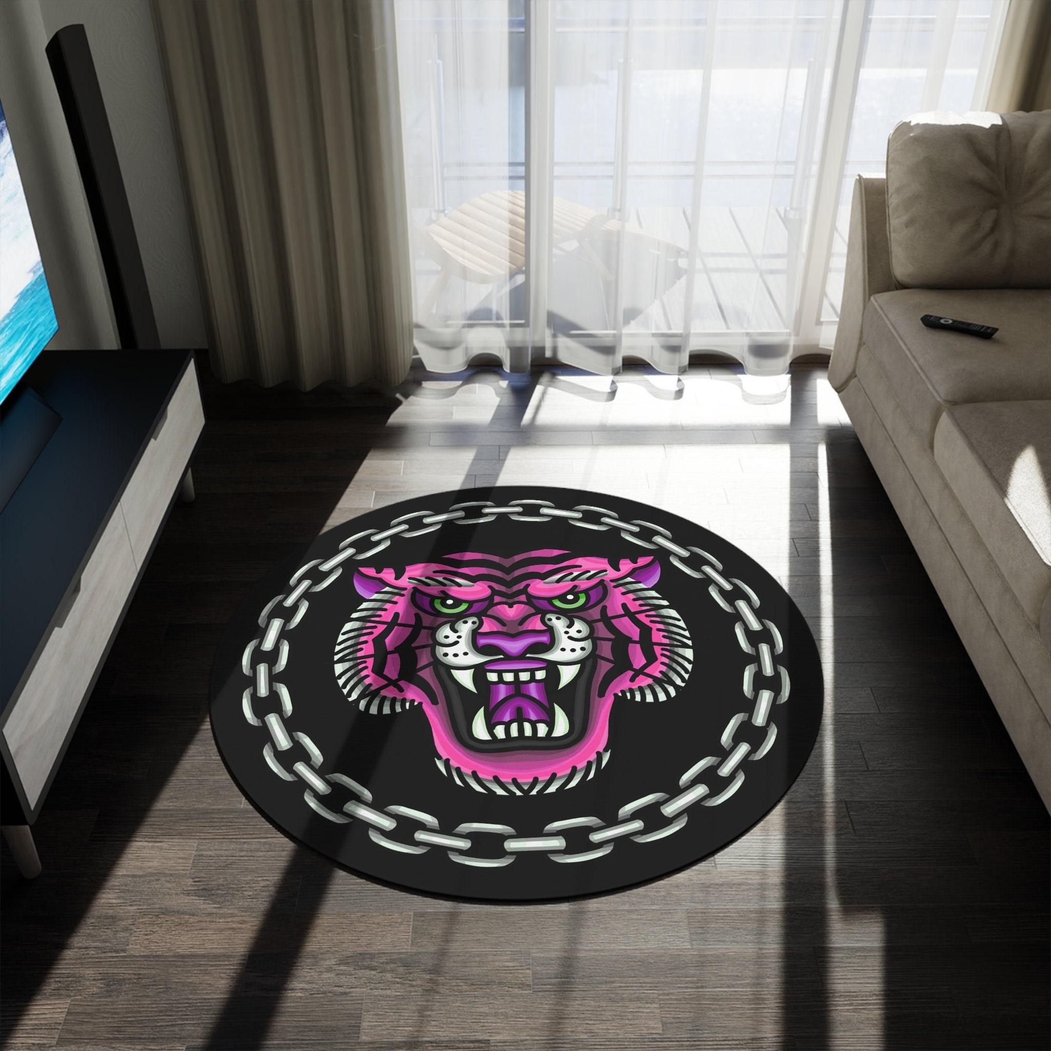 Traditional Pink Tiger Tattoo Round Rug Tiger Rug Tiger - Etsy
