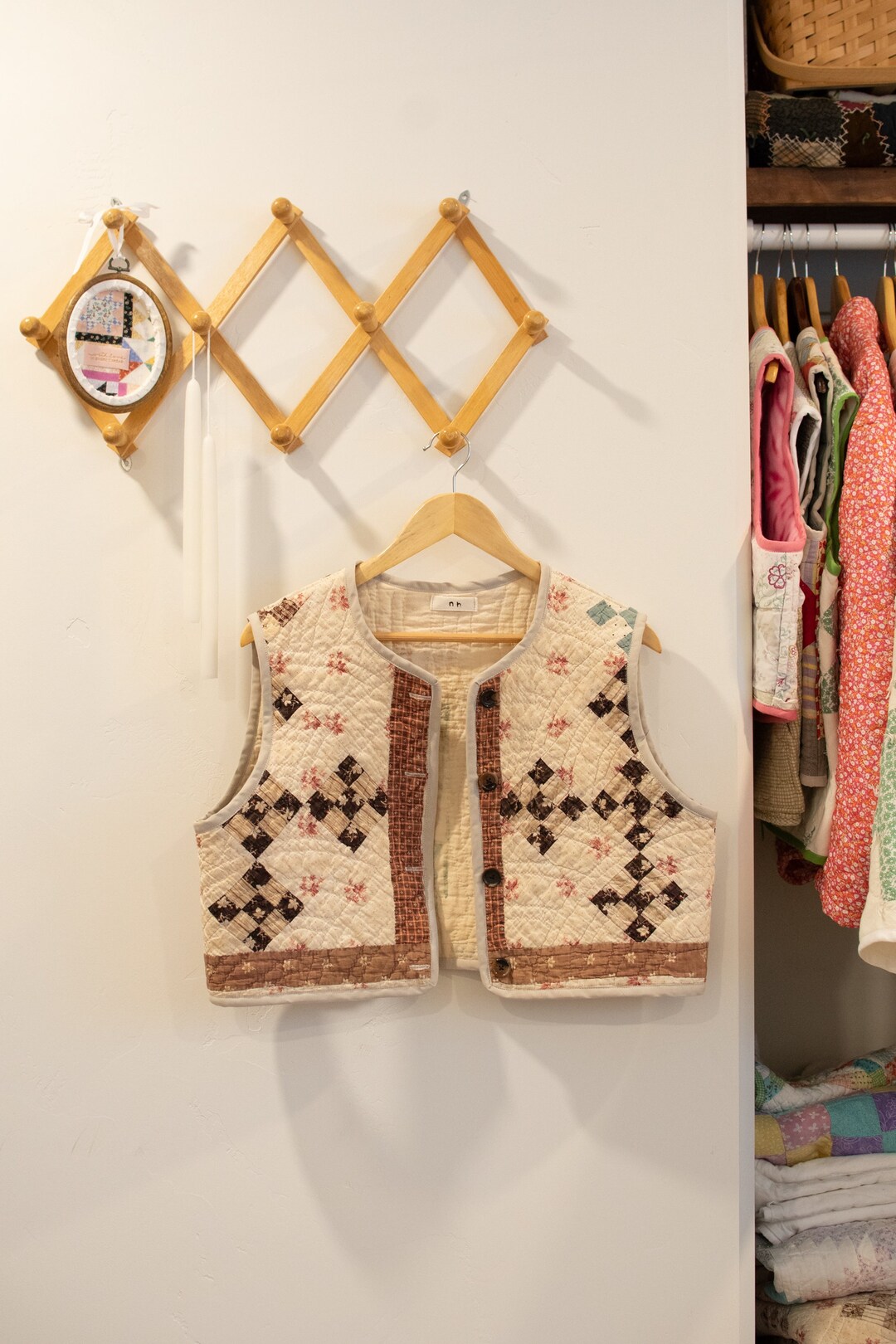 1910s Quilted Vest W/ Button Closure Neutral, Brown & Red, Vintage ...