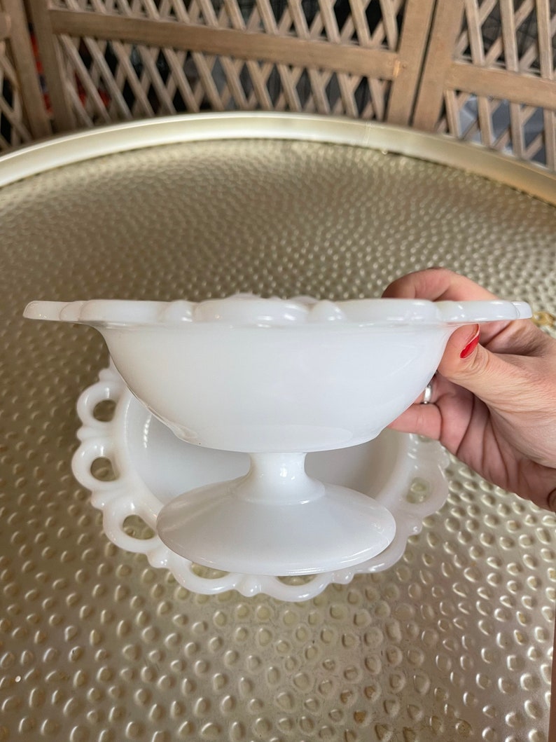 Vintage Milk Glass Serving Set With Open Lace Edge - Etsy
