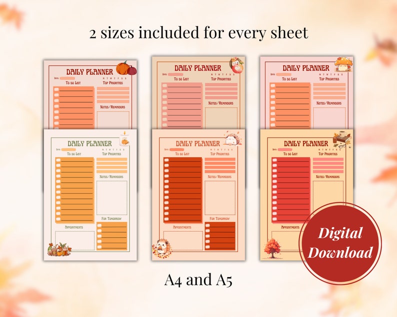 Autumnal Daily Digital Planner Bundle, Digital Download, 6 Sheets, PDF ...