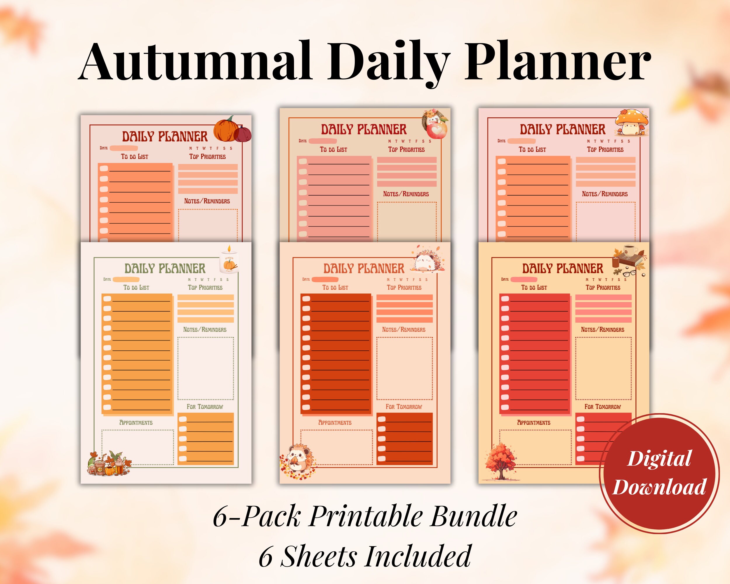 Autumnal Daily Digital Planner Bundle, Digital Download, 6 Sheets, PDF ...
