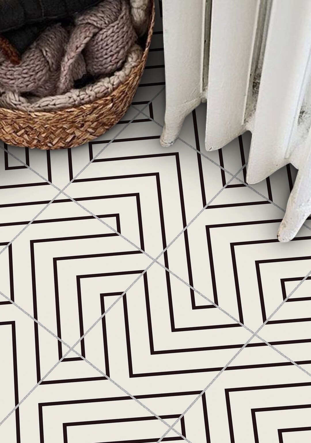 Warm White and Black Seamless Floor Tile Stickers Peel and Stick Tile ...