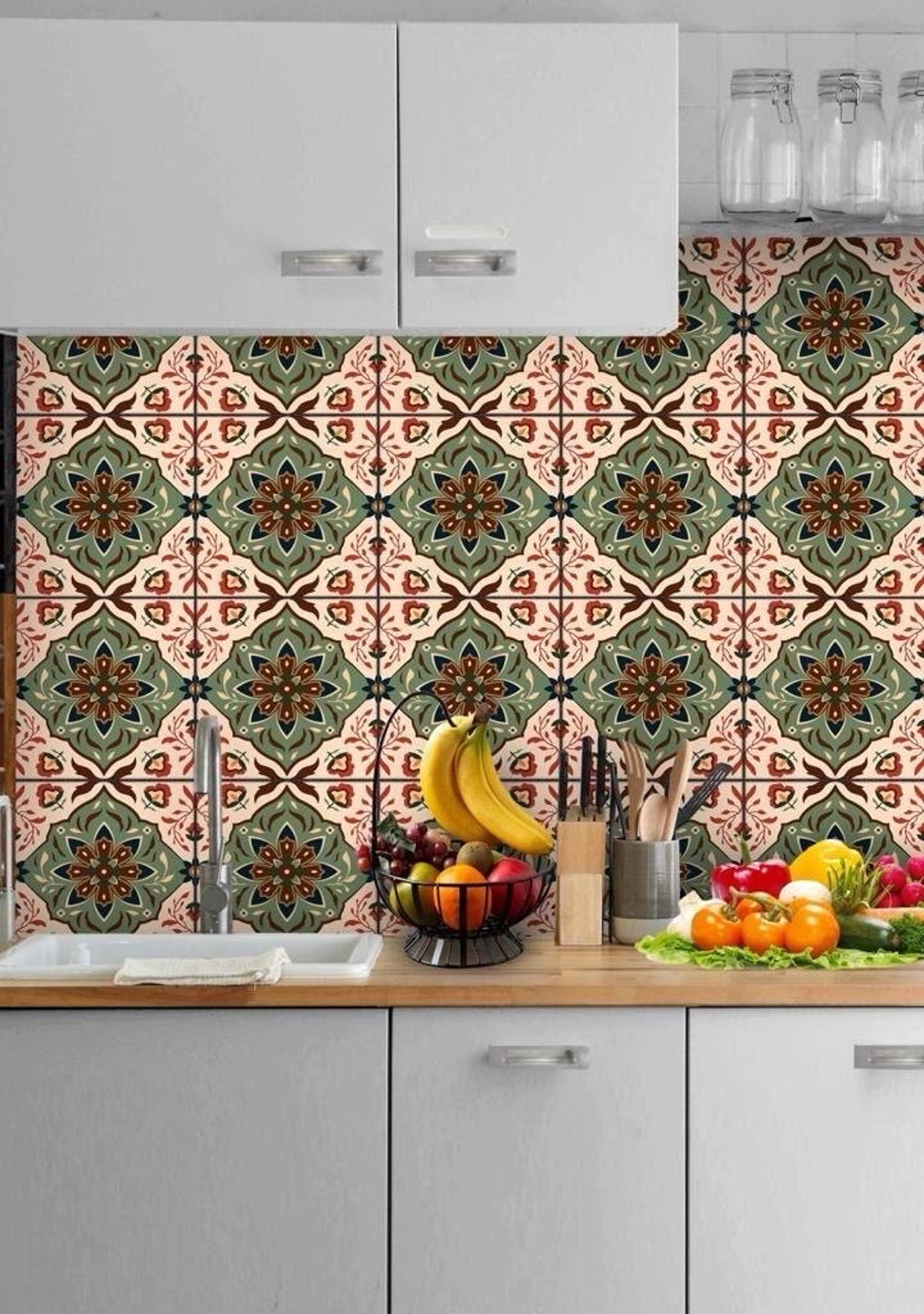 Persian Floral Backsplash Tile Stickers | Peel and Stick Kitchen ...