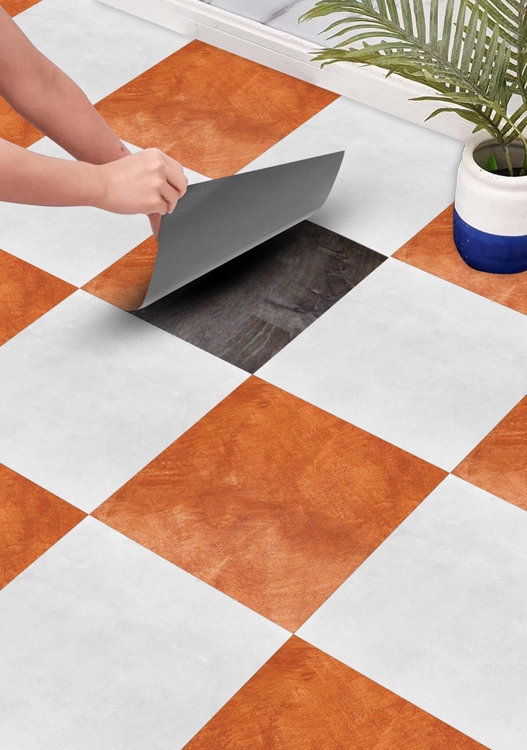 Orange and Light White Checkered Texture Tile Stickers | Peel and Stick ...