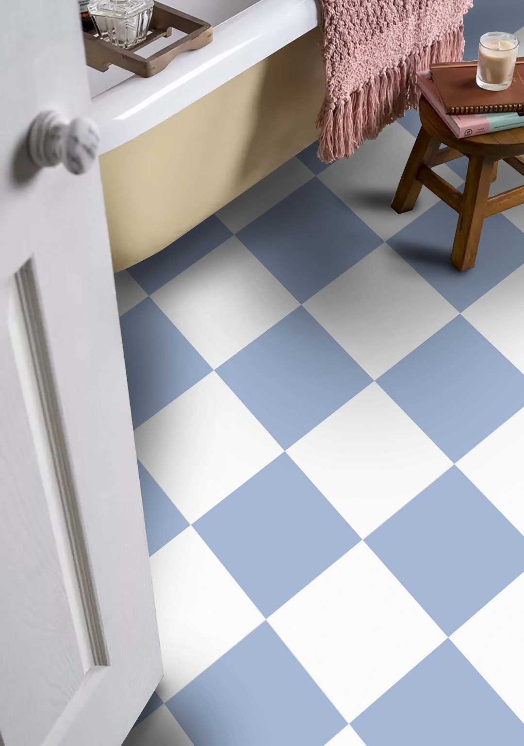 Pastel Blue & Light White Checkered Tile Stickers Kitchen, Bathroom ...