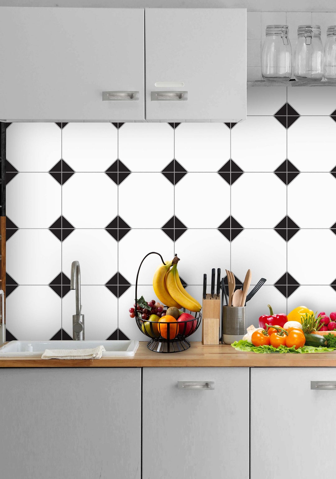 Black and White Geometric Tile Stickers | Peel and Stick Kitchen Wall ...