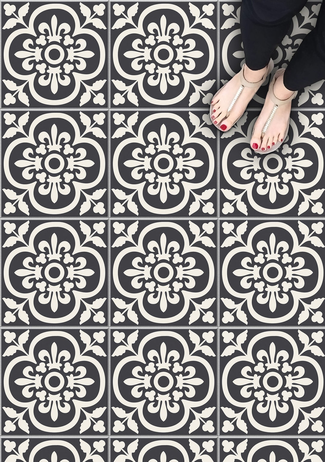 Elegant Damask Floral Floor Tile Stickers | Peel and Stick Backsplash ...