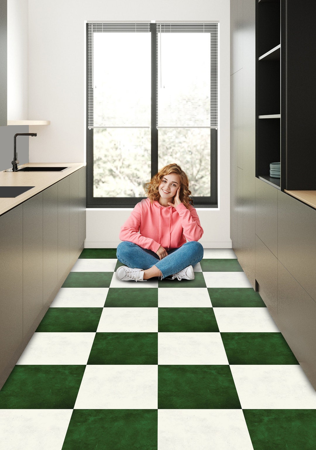 Mose Green and Ivory Checkered Texture: Floor Tile Stickers Peel and ...