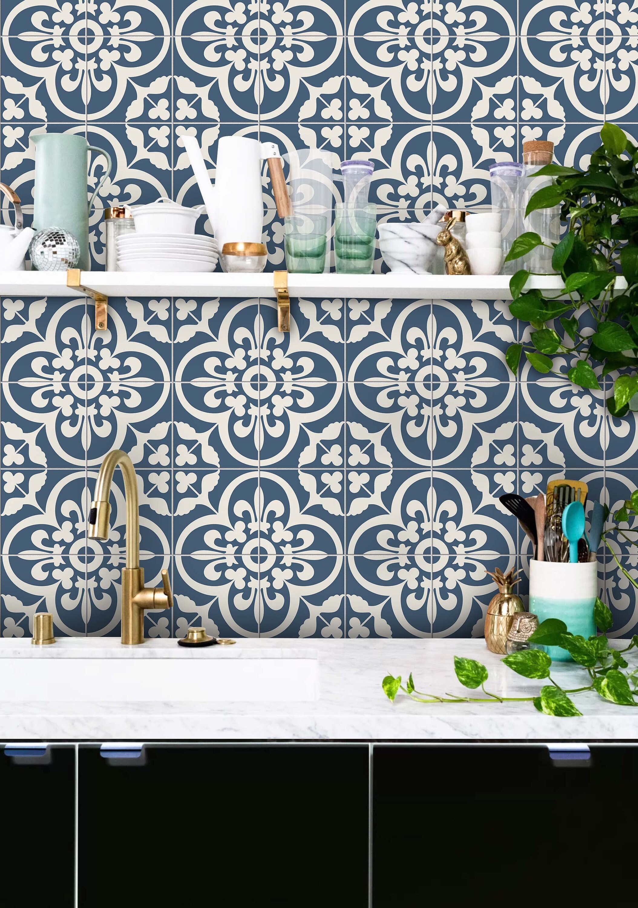 Blue Floral Tile Stickers: Peel and Stick Vinyl Decals - Etsy
