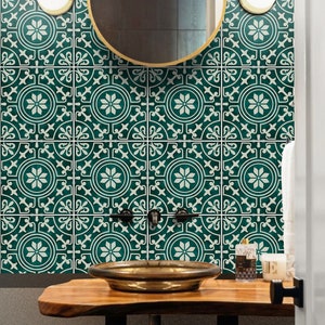 Moss Green Floral Peel and Stick Tile Sticker, Antiskid Bathroom ...