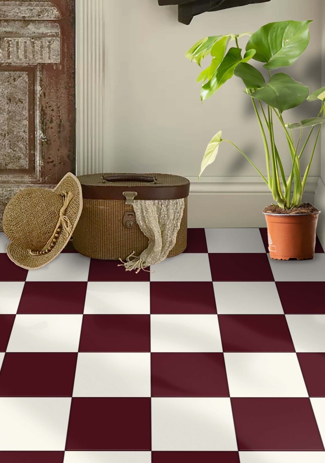 Peel and Stick Burgundy and Ivory Checkered Tile Vinyl, DIY Craft ...