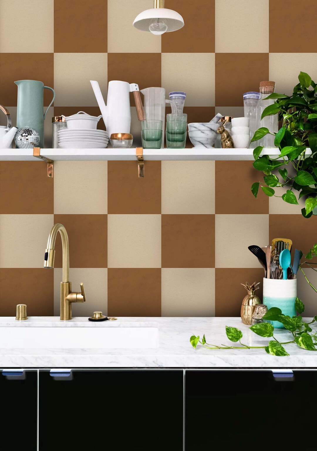 Checkered Autumn & Beige Texture Tile Sticker Peel and Stick Bathroom ...