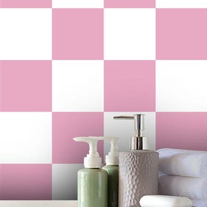 Candy Pink & Light White Checkered Tile Stickers | Kitchen Bathroom ...