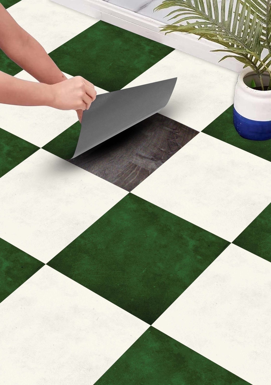 Mose Green and Ivory Checkered Texture: Floor Tile Stickers | Peel and ...