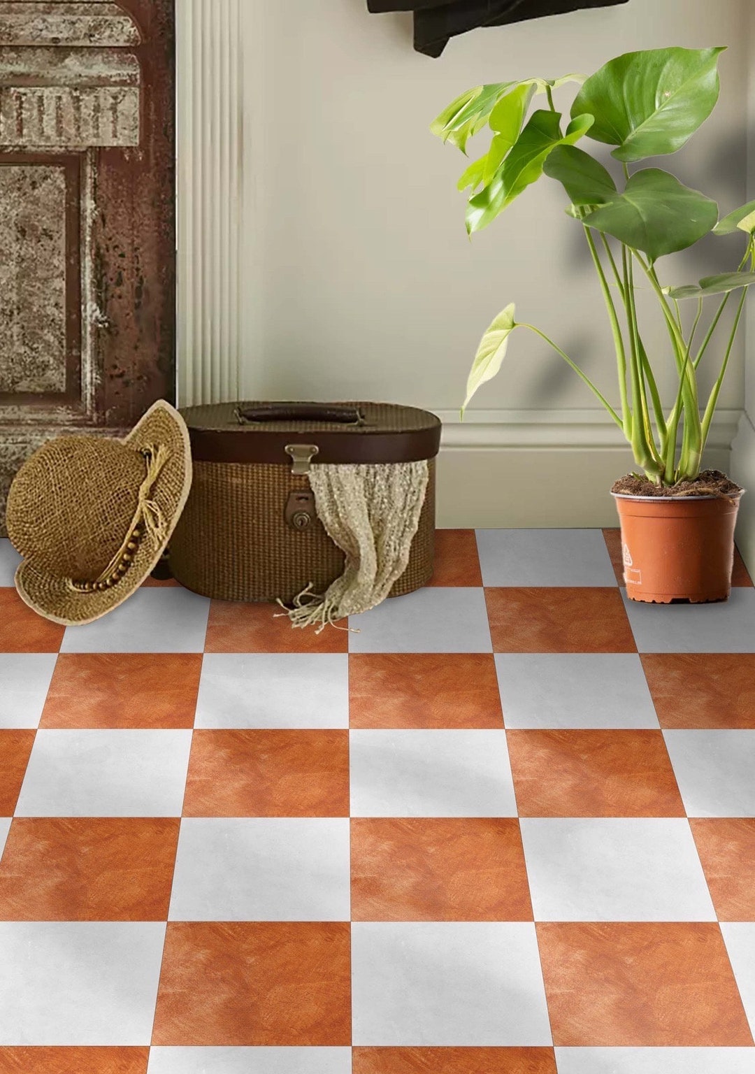 Orange & Light White Checkered Kitchen Backsplash Tile Stickers | Peel ...