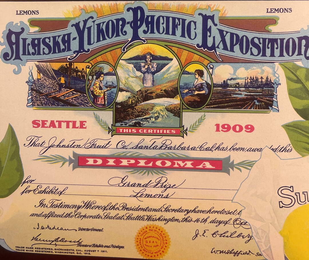 Antique Exposition Lemon Crate Label Alaska Yukon Pacific 1909 Santa ...