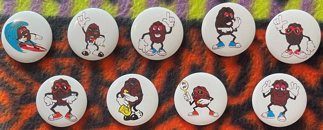 Vintage 1980s Complete Set All 9 California Raisins Tin Pins WOW the ...
