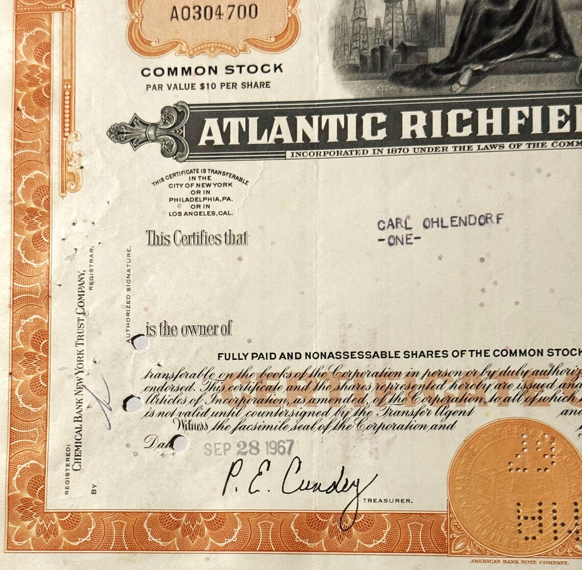Vintage 1960s Atlantic Richfield Stock Certificate Orange ARCO Oil ...